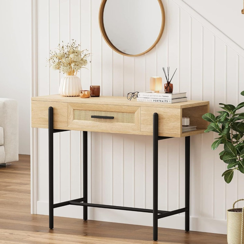 40 Inch Wooden Entryway Table Rattan Console Table Narrow Sofa Table With Storage And Drawers Bohemian Style Foyer Table For Hallway Living